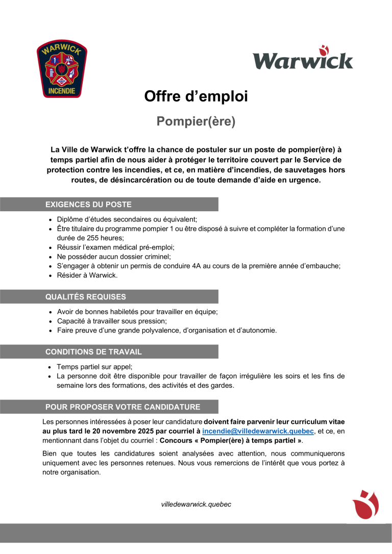 Offre d’emploi pompier(ère) - Ville de Warwick